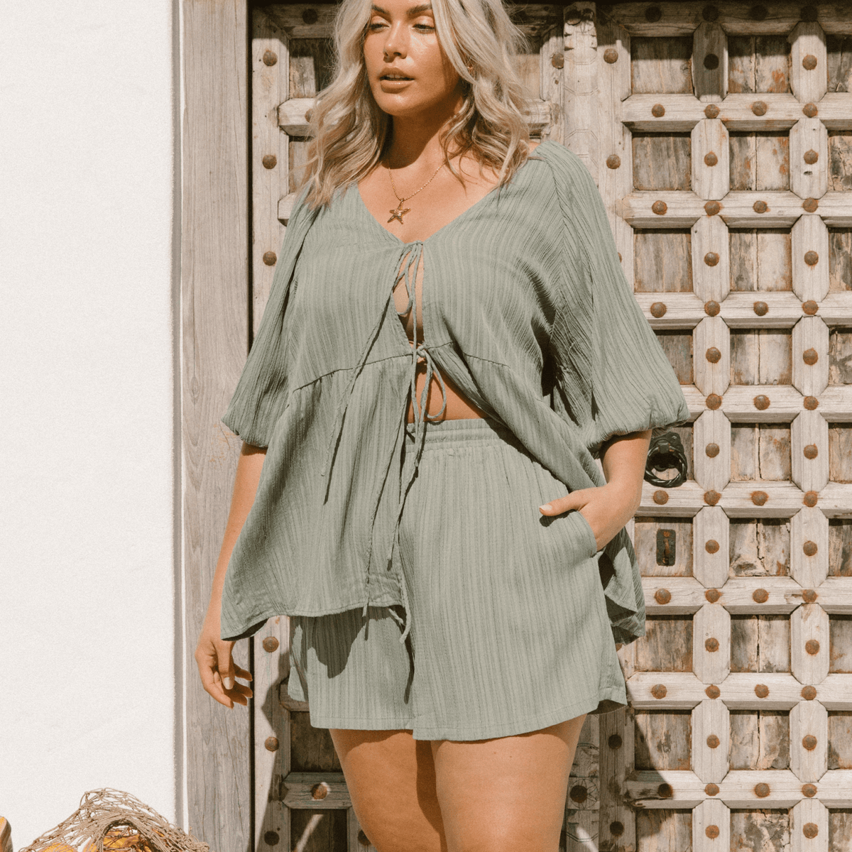 Frankie Top Green Crepe | Women’s Puff Sleeve Tie Front Top – The ...